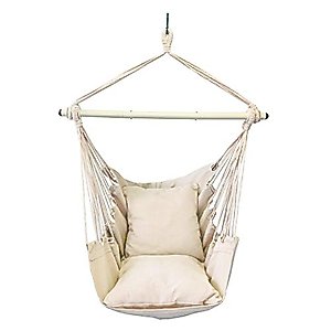 Highwild Hammock Chair Hanging Rope Swing - Max 500 Lbs - 2 Cushions Included - Steel Spreader Bar with Anti-Slip Rings - for Any Indoor or Outdoor Spaces (Beige)
