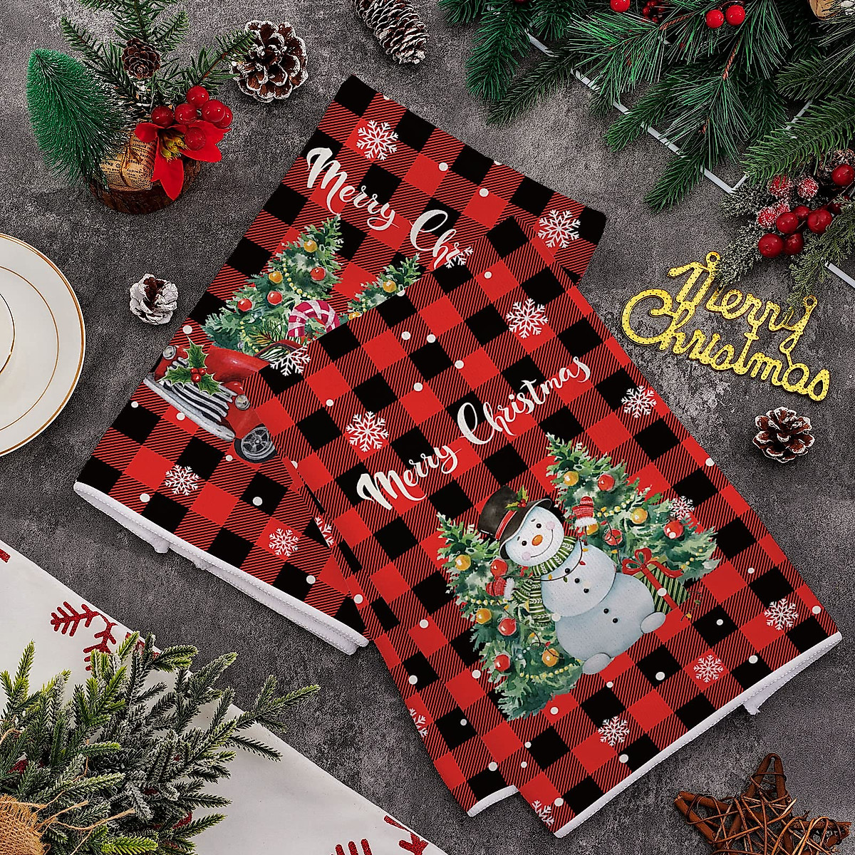 AnyDesign Merry Christmas Kitchen Towels Red Black Buffalo Plaid Dish Towels 28 x 18 Snowman Truck Xmas Tree Holiday Hand Drying Towels for Christmas Home Kitchen Decor Housewarming Gifts, Set of 2