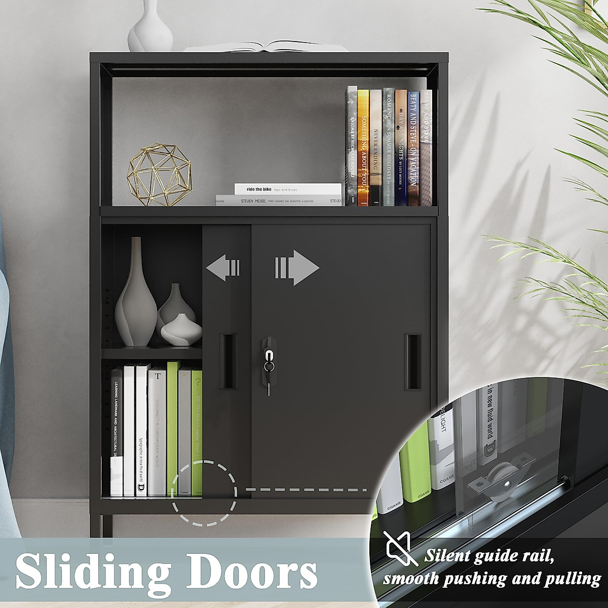 Hak Modern Metal Storage Cabinet Mobile Sliding Door with Lock | Adjustable Shelves | Multifunctional Storage Solutions for Dining Room, Kitchen, Living Room, Hallway