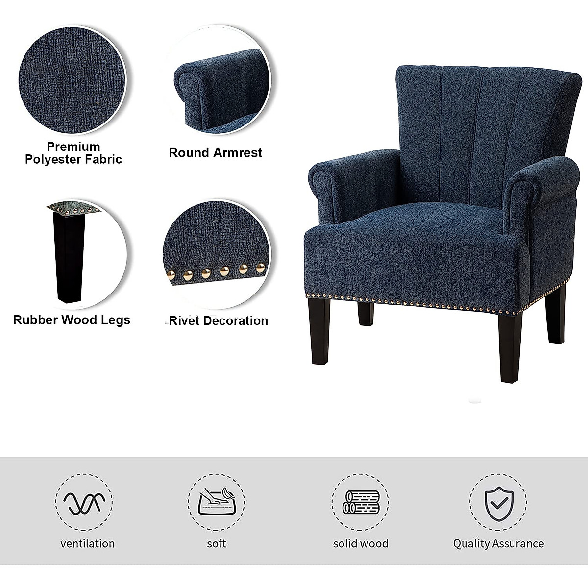 Henf Accent Chair Rivet Tufted Polyester Armchair, Living Room Chair Single Sofa, Barrel Chair Club Chair with Rubber Wood Legs, Upholstered Chair for Living Room/Bedroom/Hosting Room (Navy)