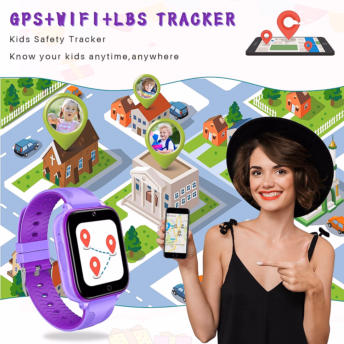 cjc 4G Kids Smart Watch with GPS Tracker and Calling, 2 Way Call SOS Kids Cell Phone Watch, Touch Screen Watch,3-15 Years Boys Girls Birthday (t10 Purple)