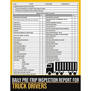 Daily Pre-Trip Inspection Report for Truck Drivers: Daily Truck Driver's Log and Pre-Trip Inspection Log Book, Truck Pre-trip Inspection Forms, 100 Pages, Large Print 8.5 x 11 in
