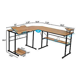 AODAILIHB L-Shaped Desk Corner Computer Desk Writing Desk Drawing Table Home Office Workstation Top Wood Surface Gaming Desk with Shelves (Wood)