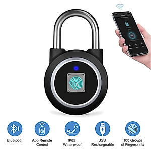 Fingerprint Padlock, Bluetooth Lock, Mobile APP, MEGAFEIS Smart Padlock with Keyless Biometric, Water Resistant, Suitable for Gym, Sports, Bike, School, Fence and Storage(Black)