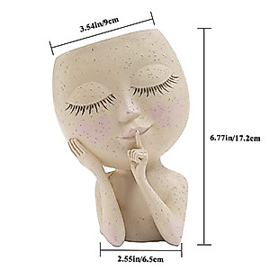 HUNTHAWK Face Planters Pots Unique for Indoor Outdoor Plants Resin Head Planter with Drainage Hole Cute Lady face with Closed Eyes (Light)