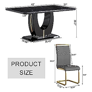 JUFU Modern Dining Table Set for 6,Rectangula Kitchen Table Set with Faux Marble Tabletop＆6 Pu Leather Upholstered Chairs Ideal for Dining Room, Kitchen, Grey-golden Legs