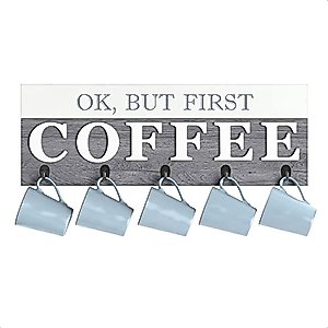 Barnyard Designs ‘Ok, But First Coffee’ Hanging Mug Holder, Wall Mounted Coffee Cup Organizer Rack, Rustic Farmhouse Wood Wall Decor Sign, for Kitchen, Coffee Bar or Cafe, Gray and White, 24” x 8.5”