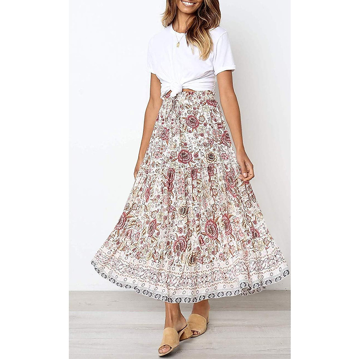 MEROKEETY Women's Boho Floral Print Elastic High Waist Pleated A Line Maxi Skirt White