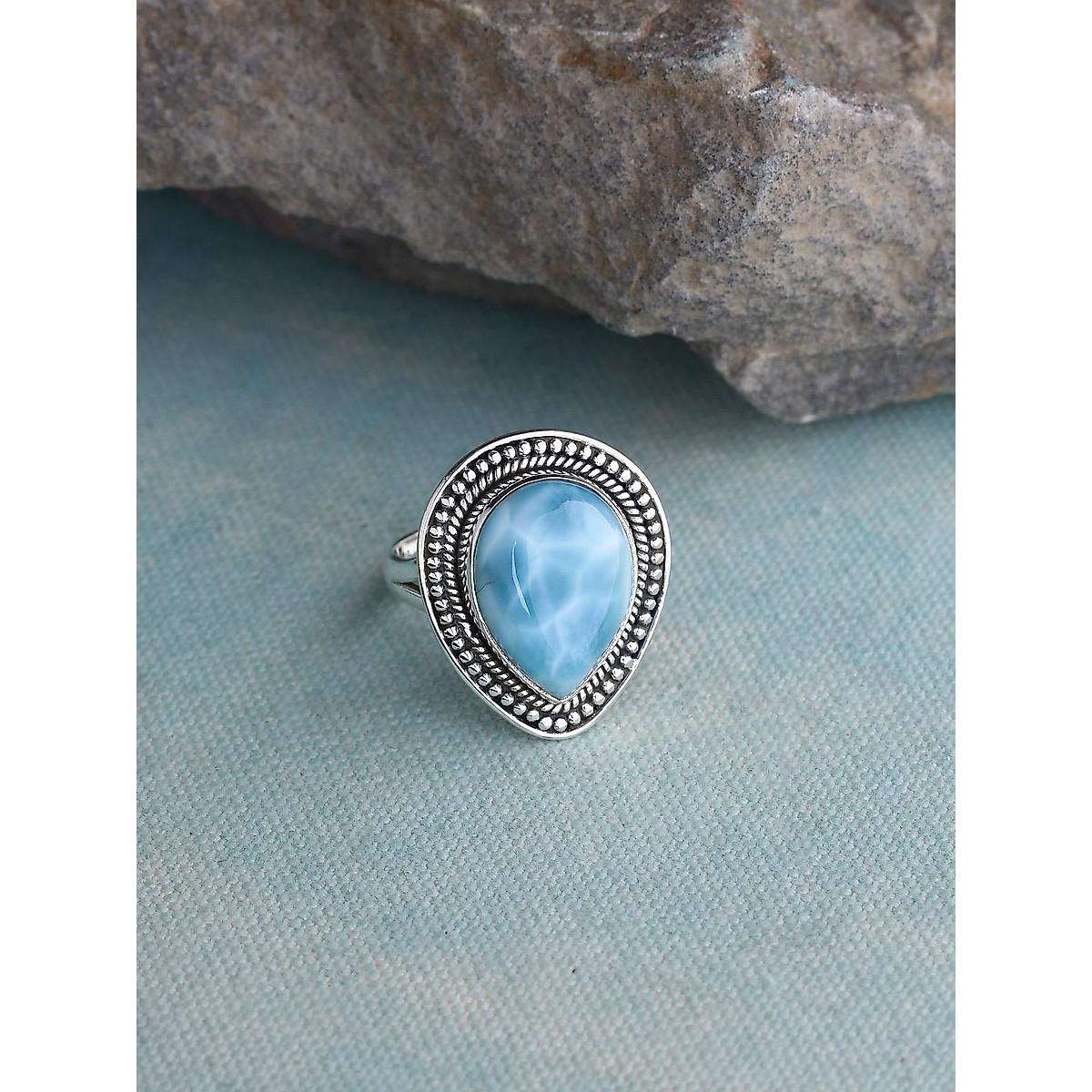 YoTreasure Solid 925 Sterling Silver Pear Shape Larimar Ring