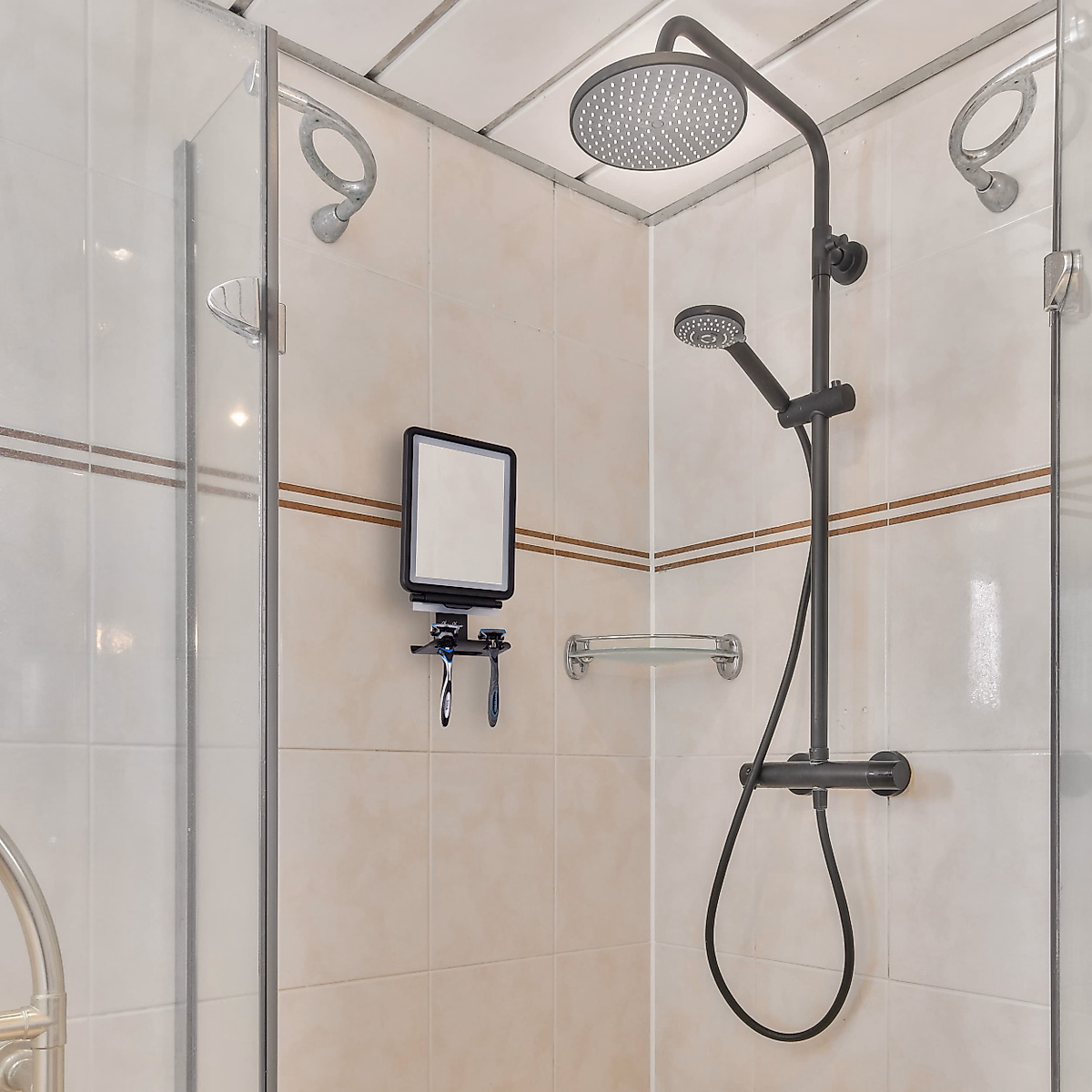 Clean Shave Fogless Shower Shaving Mirror with LED Lights - Clear Bright Mirror - Modern, Smooth Design - Storage for Razor and Bathroom Accessories - Squeegee - Tile or Wall Mounted, Easy to Install