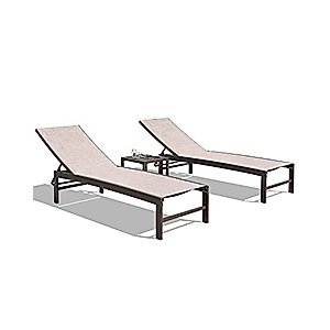 Crestlive Products Patio Chaise Lounge Set, 2PCS Outdoor Aluminum Lounge Chairs with 1PC Side Table, Adjustable Five-Position Recliner for Beach Pool Sunbathing Lawn, Yard (Beige)