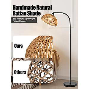 Brilvibera Modern Black Dimmable Floor Lamp with Remote Control, Hand-Worked Rattan Shades, Bohemian Style for Living Room, Bedroom, Office