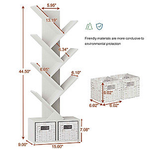 Vagusicc Tree Bookshelf, 6 Tier Bookshelf with Storage, Tall Narrow Bookcase, Wood Book Storage Rack for CDs/Books, Small Book Organizer Shelves for Bedroom, Living Room, Home Office, White