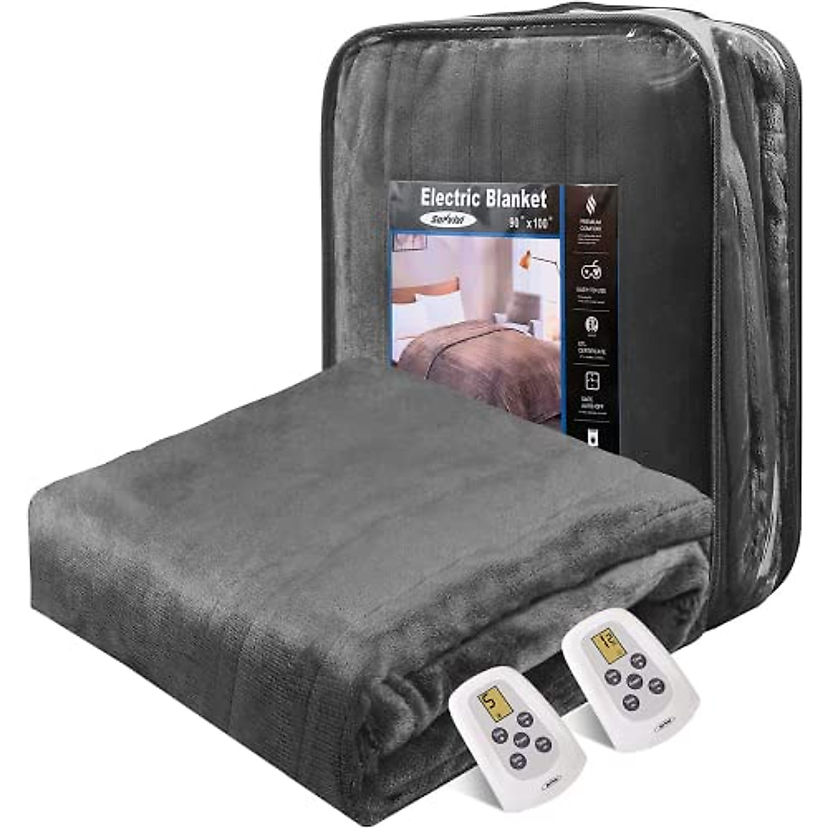 Sunvivi Heated Blanket King Size, Heating Electric Throw Blanket Dual Control, 5 Years Warranty, 10 Heat Settings, 12 Hours Auto Off, Machine Washable, ETL Certified, Overheating Protection, Grey