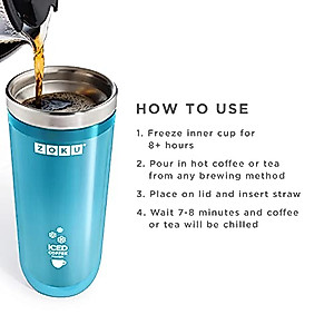 Zoku Instant Iced Coffee Maker, Reusable Beverage Chiller Cools Hot Beverages in Minutes Without Dilution, Portable 11-ounce Tumbler With Spill-resistant Lid and Straw, Teal