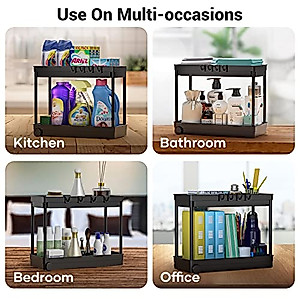 Cicilyna 2 Pack Under Sink Organizer, 2 Tier Bathroom Cabinet Organizers and Storage with Hook, Multi-purpose Storage Basket Shelf for Kitchen, Black