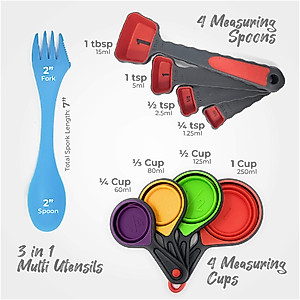 Collapsible Silicone Food Storage Containers - 16 Pcs Set with Lids Made by Silictek - Food Grade Travelling Measuring Cups - Measuring Spoons & Sporks- Portable & BPA Free - 4x Each