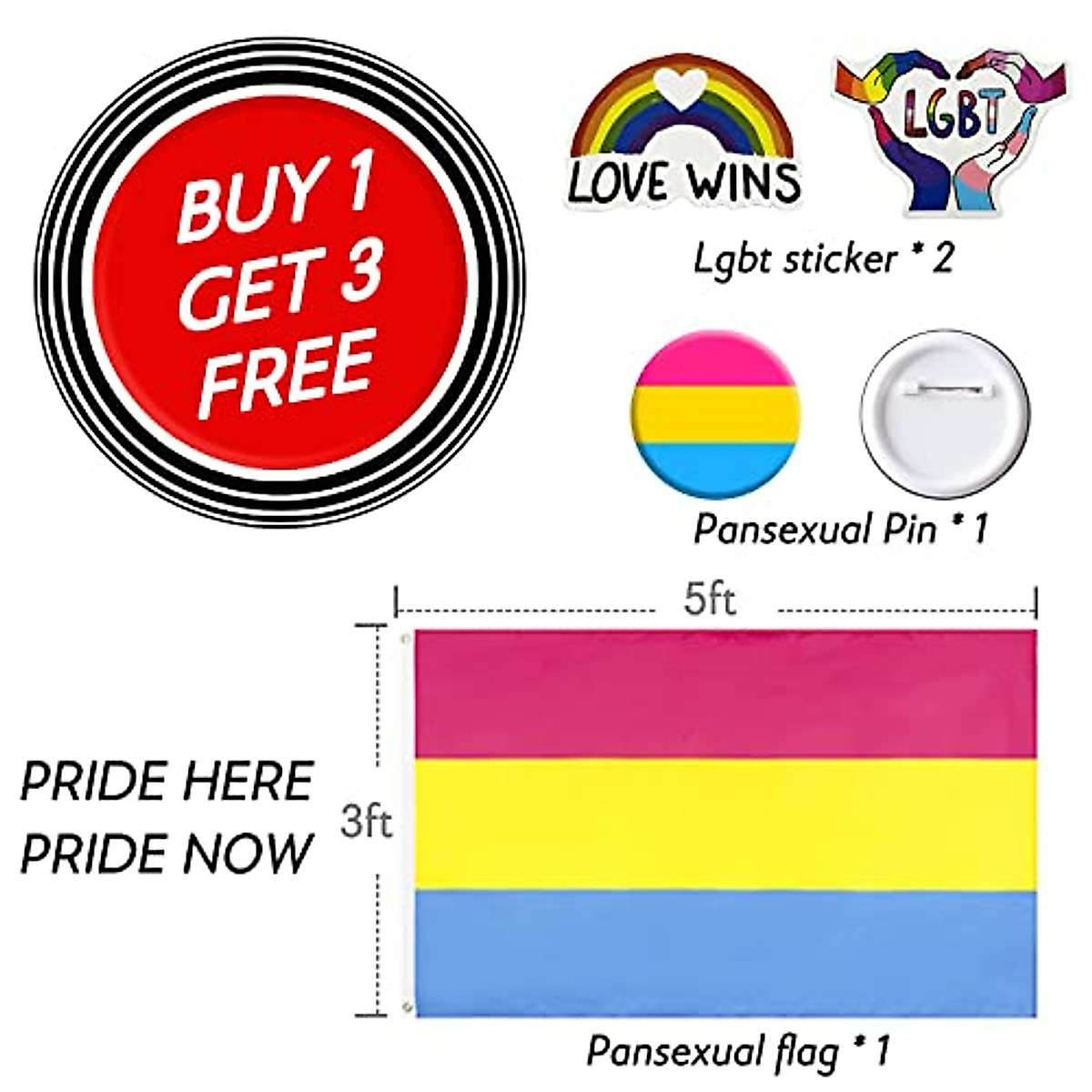 Pansexual Flag - Lgbtq Pride Stuff for Wall, Four Rows of Stitching, with 1pc Pansexual Pin and 2pcs Random Rainbow Stickers, for Lgbtq Parade and Daily Use, 3x5 Ft