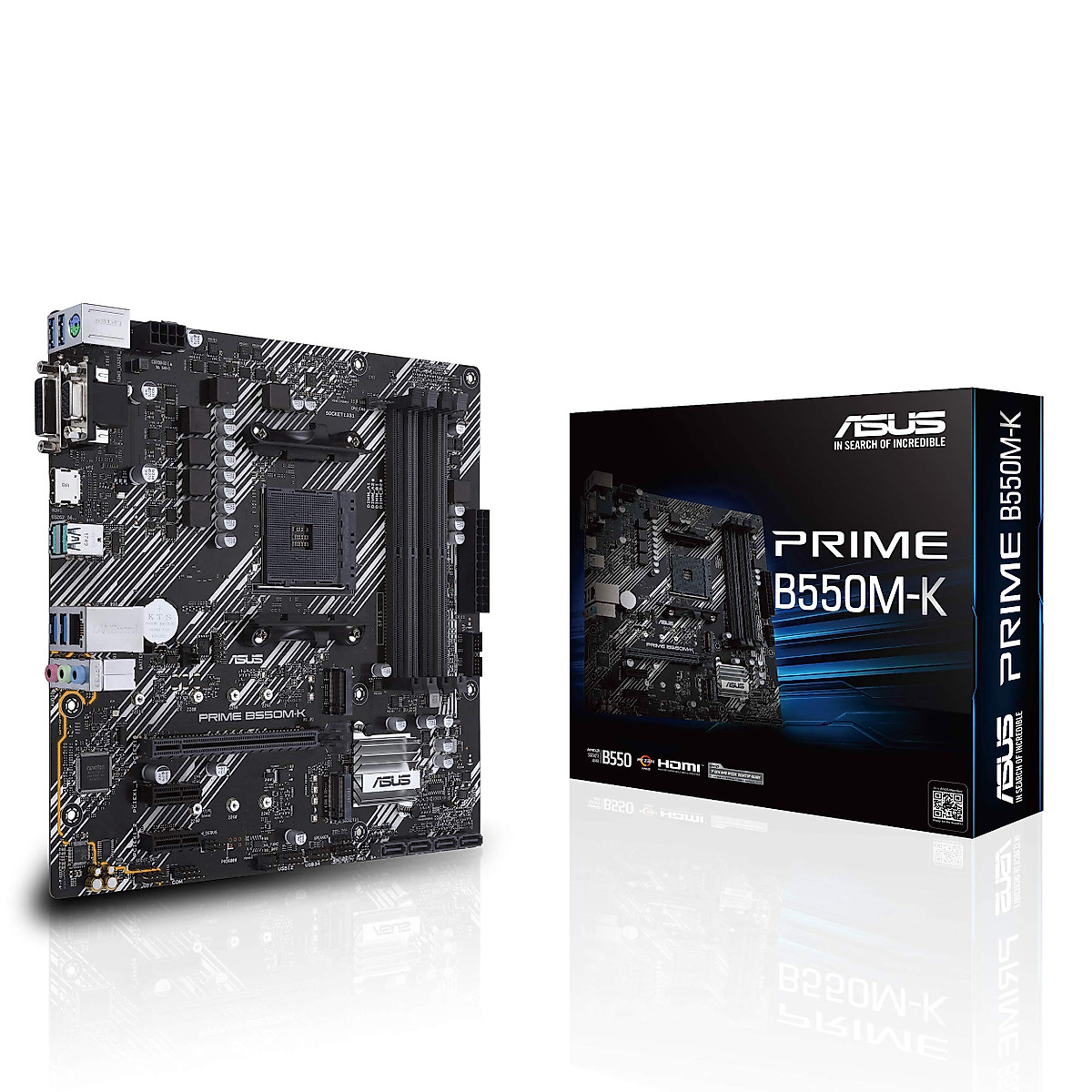ASUS Prime B550M-K AMD AM4 Zen 3 Ryzen 5000 & 3rd Gen Ryzen Micro-ATX Motherboard (PCIe 4.0, ECC Memory, 1Gb LAN, Dual M.2, USB 3.2 Gen 2 Type-A,HDMI 2.1 4K@60Hz, DVI, D-Sub) Silver