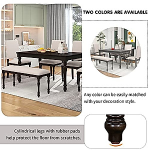 Merax 6-Piece Wood Rectangular Table Set with Turned Legs, 4 Upholstered Chairs and Bench for Dining Room, Espresso+Beige(6pcs)
