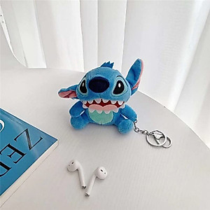 AirPods Case Soft TPU Fluffy Plush Blue Stitch Cover with Keychain Hook for Apple AirPods1 AirPods2 1 2 1st 2nd Generation 3D Cartoon Disney Disneyland Cute Lovely Warm Christmas Kids Girls