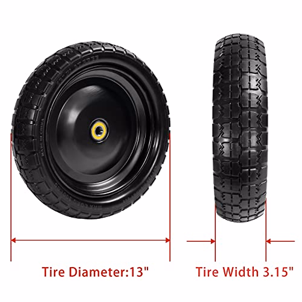 Parts Camp Gorilla Cart Wheels 13-Inch gorilla cart tires replacement 4.00-6 Flat-free Solid Tire and Wheel For Hand Trucks/Garden Carts/Wheelbarrow/Dolly-5/8"Axle Borehole 2.1"Hub offset (2 Pack)