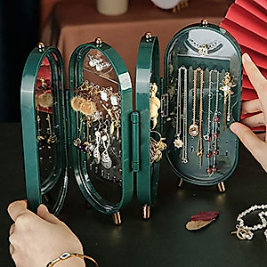 Collapsible Earring Holder Jewelry Organizer Box with Mirror, Earring Necklace Jewelry Box Organizer Necklace Holder for for Women and Girls, Small Jewelry Organizer Box, Gifts for Girl (Green)