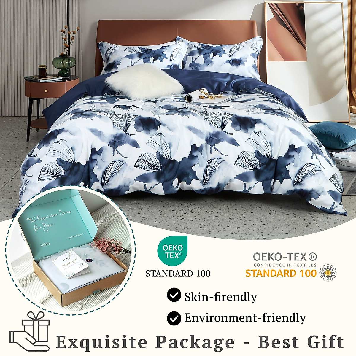 Mildly 100% Long Staple Cotton Duvet Cover Set Dark Blue Ginkgo Leaf Watercolor Comforter Cover Set
