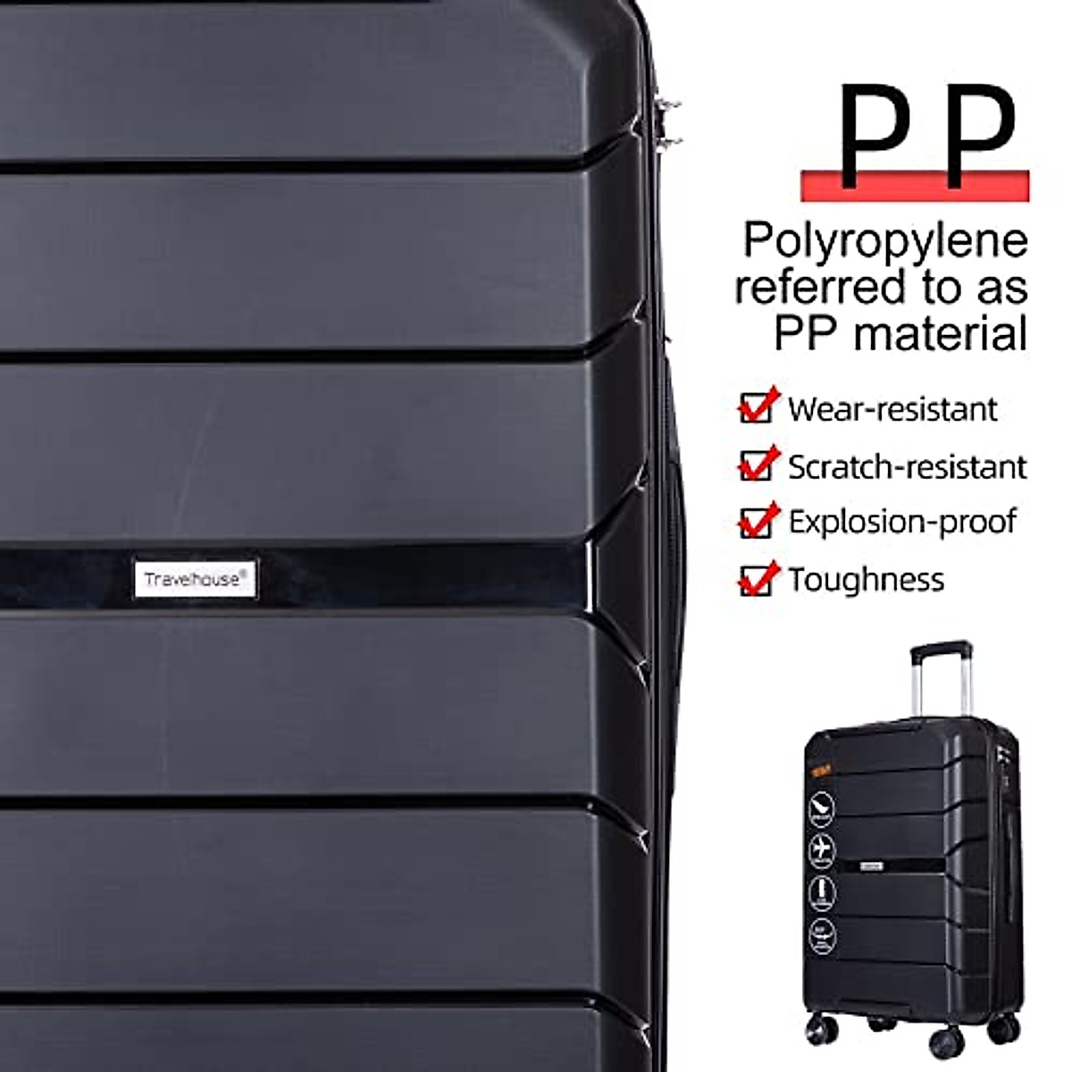 Travelhouse Luggage 3 Piece Set Suitcase with Spinner Wheels TSA Locks PP Luggage Hardside Carry on 20in 24in 28in For Unisex (Black)