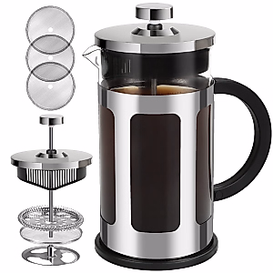 FAVIA 34 Ounce French Press Coffee Maker Heat Resistant Thick Glass with Stainless Steel Coffee Tea Press Dishwasher Safe (34oz, Stainless Silver)