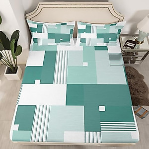 jejeloiu Geometric Sheet Set Full Size Kids White Green Geometry Square Sheets with Deep Pocket Fitted Sheet for Boys Girls Teens Modern Striped Art Bed Sheets Set Luxury Bedding Set Room Decor