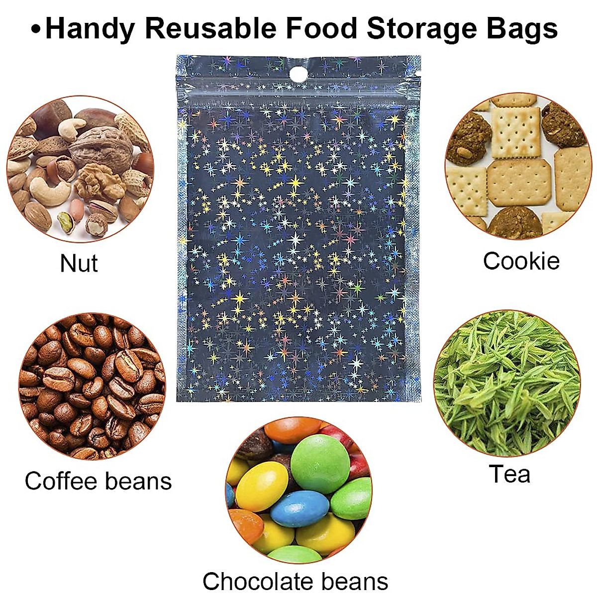 Holographic Bags 4x6 Inch,100PCS Star Pattern Resealable Mylar Bags Zip Lock Bags For Food Storage Candy Wrap Jewelry Lip gloss