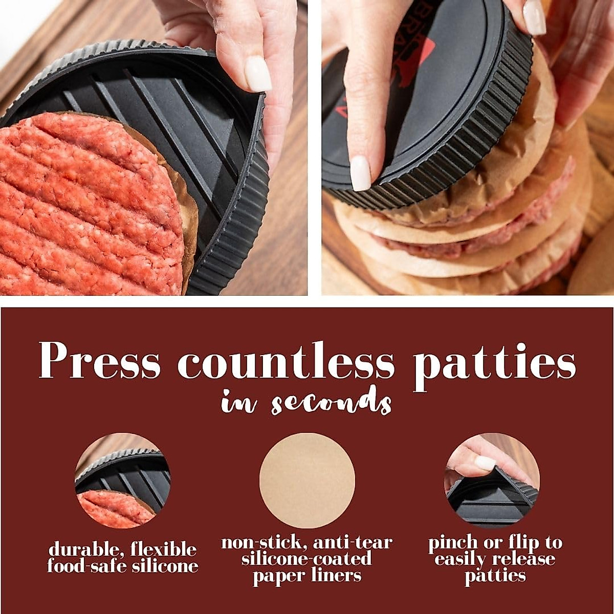 BRAVADIN Hamburger Press Patty Maker 1/3 lb with 100 Papers for 4.5-6" Patties, Non Stick Silicone Burger Mold, Versatile Grill Burger Shaper