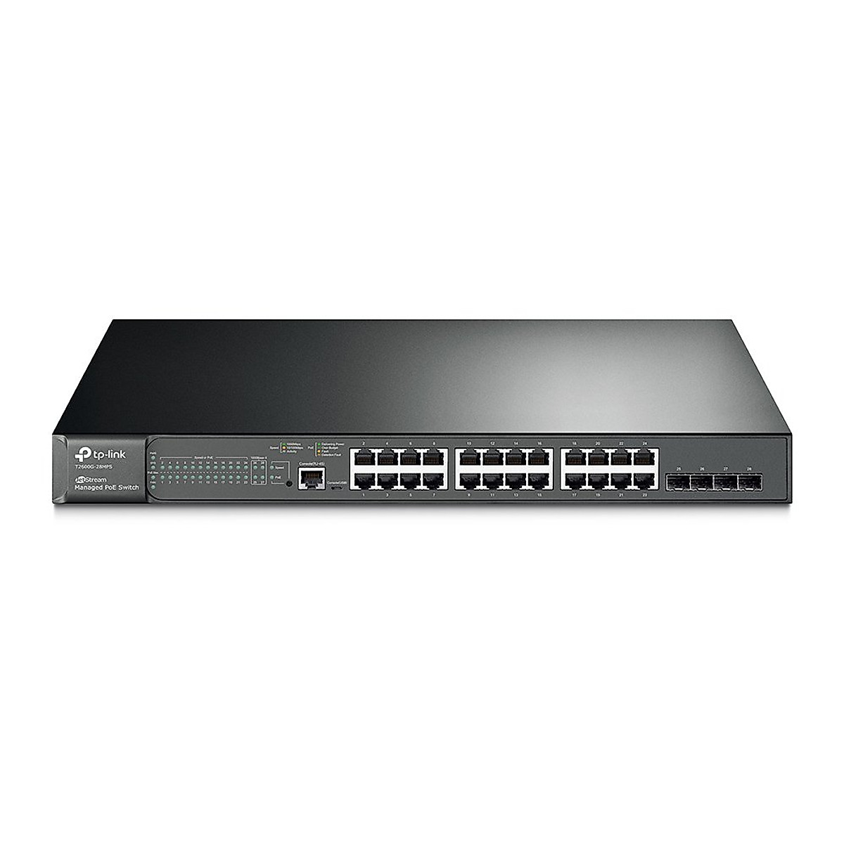 TP-Link 24 Port Gigabit PoE Switch; 24 PoE+ Ports @384W, w/4 SFP slots; L2 Managed; Limited Lifetime Protection; Support L2/L3/L4 QoS, IGMP and LAG; IPv6 and Static Routing (T2600G-28MPS)