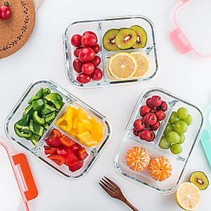 HAKEEMI 5-Pack,3 Compartment Glass Meal Prep Containers Set,34oz, Divided Food Storage Containers with Lids, Glass Lunch Box with 3 Dividers