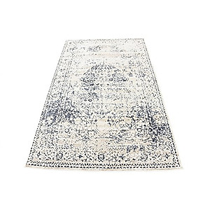 Unique Loom Chateau Collection High-Low Pile, Vintage, Traditional, Distressed, Medallion Area Rug (4' 0 x 6' 0 Rectangular, Beige/Navy Blue)