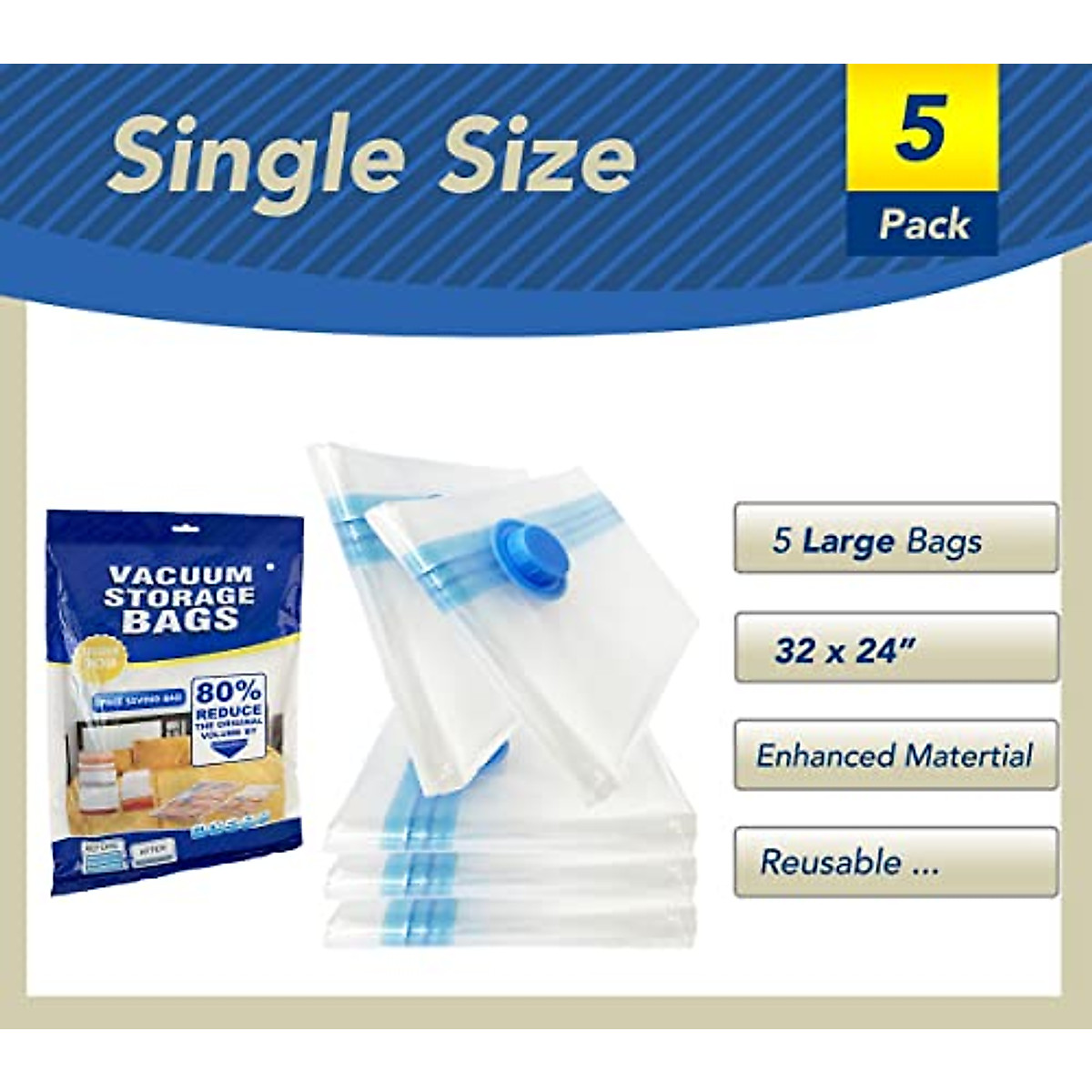 Vacuum Storage Bags for Clothes 5 Large (32 x 24") Vacuum Sealed Bags for Clothing Comforters and Blankets Reusable Space Saving Bags (Large,5)