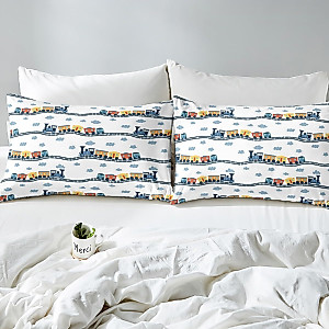 Erosebridal Kids Train Bed Sheets for Boys Girls Cartoon Car Twin Size Sheet Sets Steam Engine Sheets Railway Vehicles Sheet & Pillowcase Sets Transportation Truck Fitted Sheet with 1 Pillow Sham