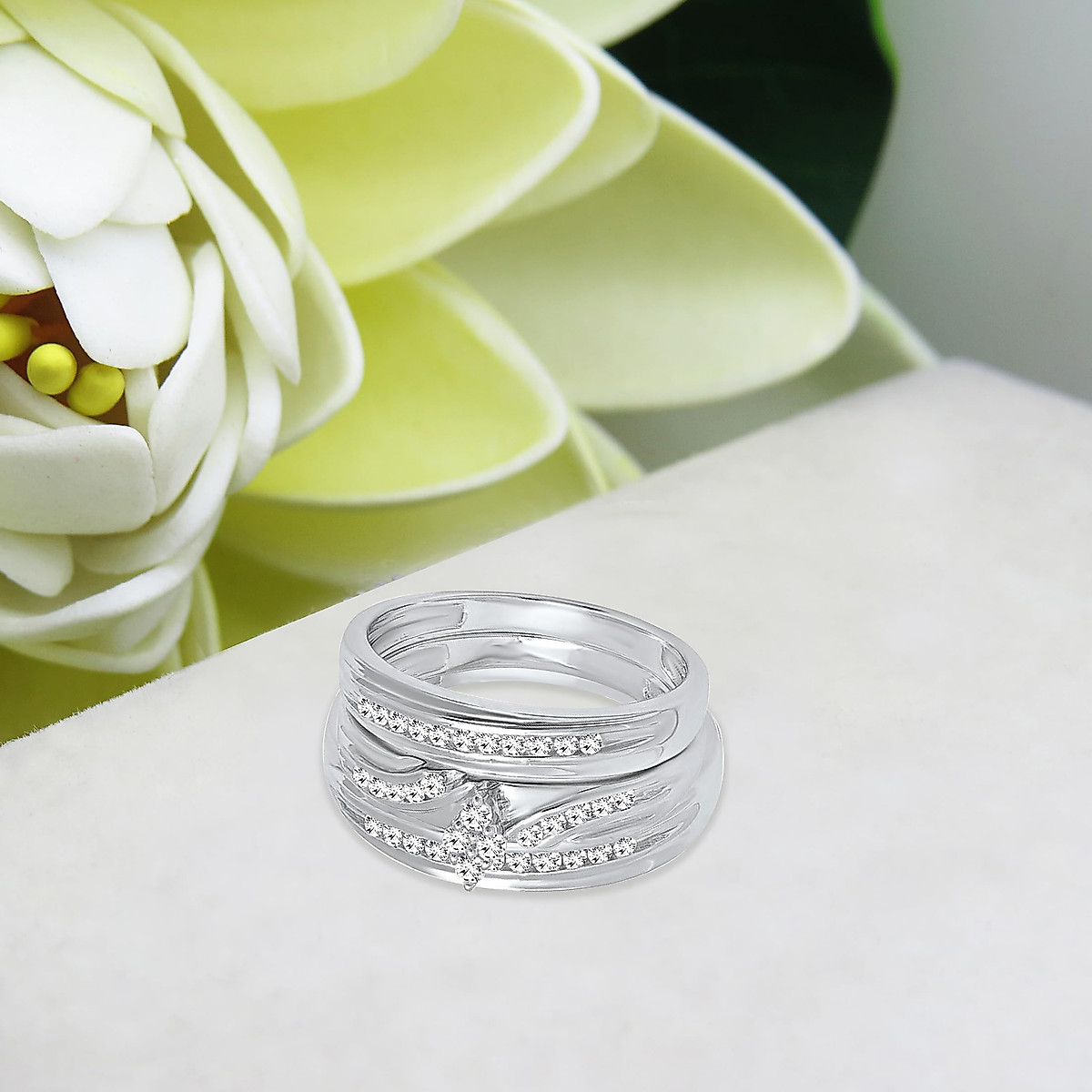 Dazzlingrock Collection 0.45 Carat (ctw) Round White Diamond Marquise Wedding Trio Ring Set in 925 Sterling Silver, Women size 6 & Men size 10