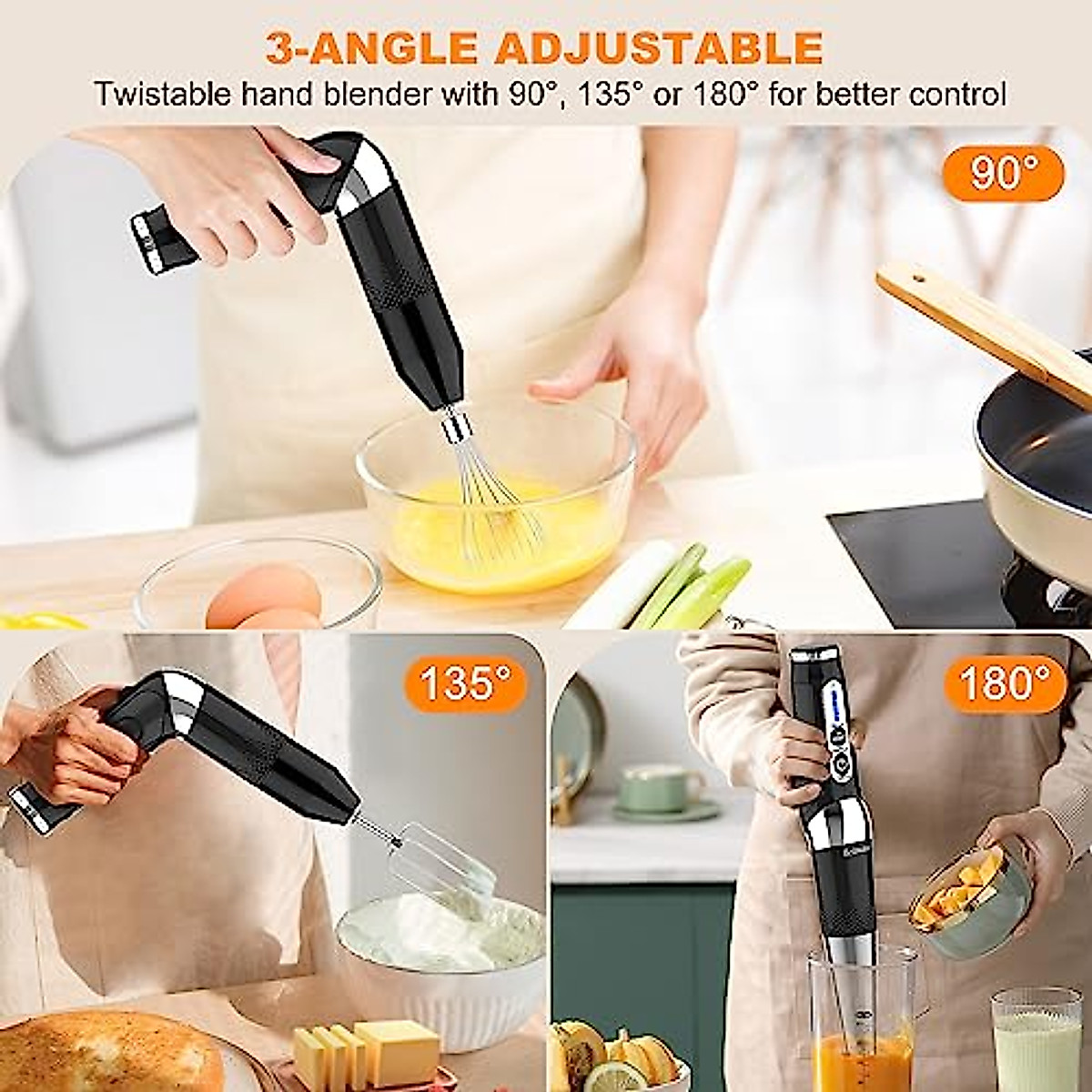 Cordless Immersion Blender: 4-in-1 Cordless Hand Blender Rechargeable, 21-Speed & 3-Angle Adjustable with 304 Stainless Steel Blades, Chopper, Beaker, Whisk and Beater for Milkshakes | Smoothies | Soup| Puree | Baby Food (Black)