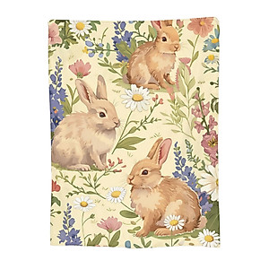 Bunny Blanket for Girls Kids, Flannel Rabbit Blankets Gifts, Floral Daisy Bunny Throw Blanket for Sofa Couch Bed Living Room Soft Warm Cozy Bunny Decor 60" x 50"