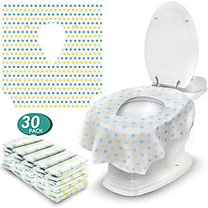 Toilet Seat Covers Disposable - 30 Pack - Extra Large Portable Liners for Bathroom, Road Trip, Child Travel, Toddler Potty Training, Adults On the Go - Individually Wrapped, Waterproof, Soft Clean Pad