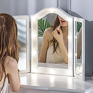 LUXFURNI Vanity Lighted Tri-fold Makeup Mirror with 10 Dimmable LED Bulbs, Touch Control Lights Tabletop Hollywood Cosmetic Mirror (White)