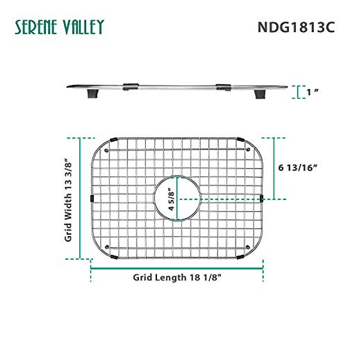 Serene Valley Sink Grid 18-1/8" L x 13-3/8" W, Centered Drain with Corner Radius 3-1/2", NDG1813C