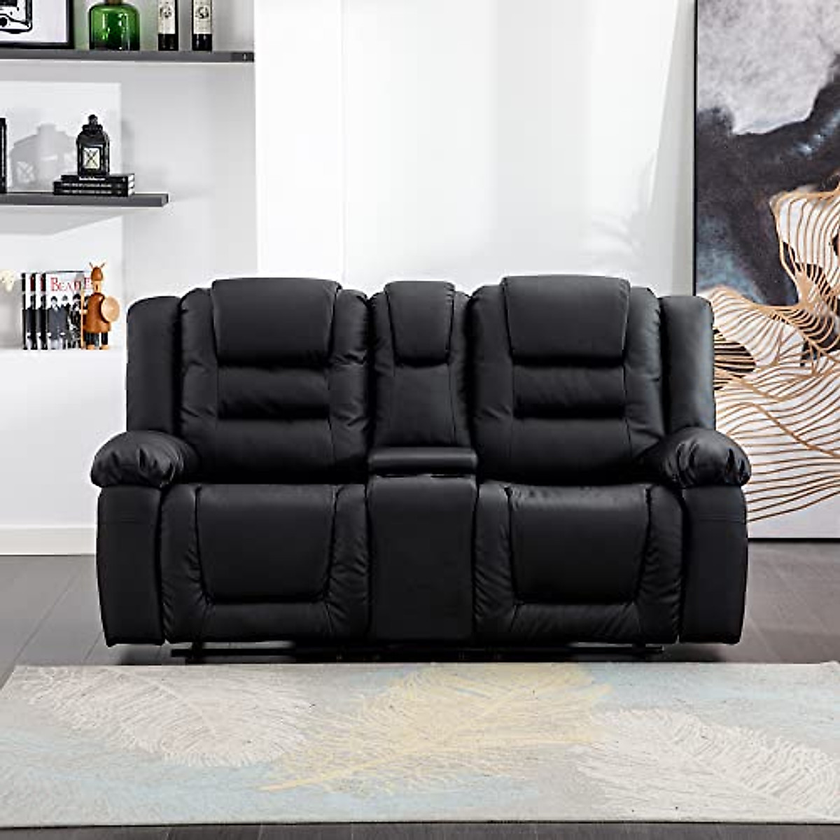 PU Leather Double Reclining Sofa with Center Console, Upholstery Manual Recliner Loveseat Couch w/Easy Pull Handles and Adjustable Footrest, 2-Seater Sofa & Couch for Home Theater Seating
