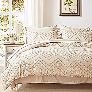 Anluoer Queen Comforter Set, Beige Tufted Bed in a Bag 7 Pieces with comforters and Sheets, All Season Bedding Sets with 1 Comforter, 2 PillowShams, 2 Pillowcases, 1 Flat Sheet, 1 Fitted Sheet