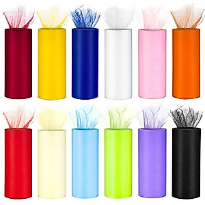 12 Colors Tulle Rolls Tulle Fabric 6” by 25 Yards (75 Feet) Rainbow Tulle Netting Spool for DIY Tutu Skirt Weeding Party Gift Wrapping Halloween Decoration