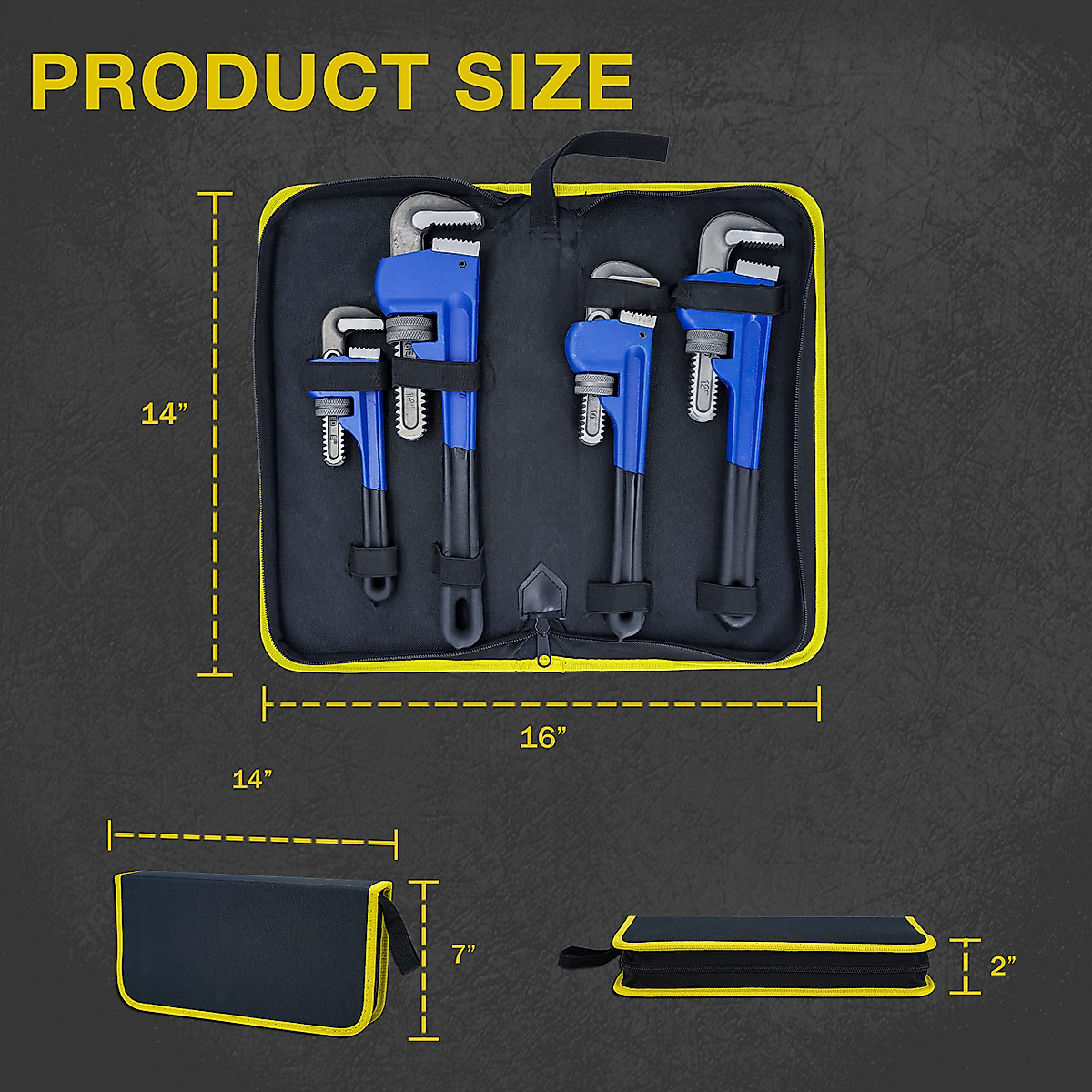 KOTTO 4 Pack Set Heavy Duty Pipe Wrench Set Heat Treated Adjustable 8, 10, 12, 14 Inches Soft Grip Plumbing Wrench Set with Storage Bag (Blue)