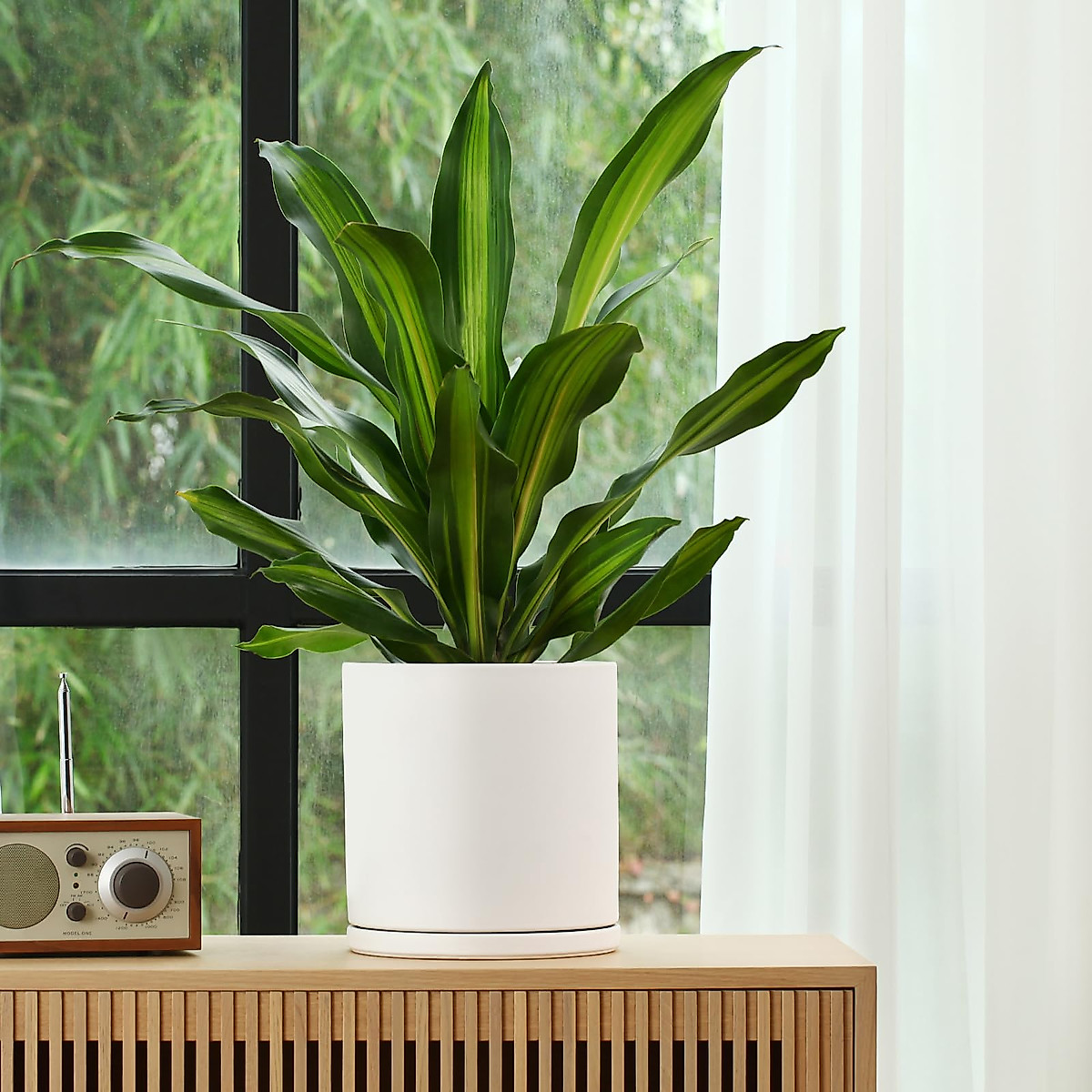 Kazeila Plant Pots Ceramic Planter for Indoor Outdoor Plants Flowers 10 Inch Matte White Large Cylinder Flower Pot with Saucer and Drainage Hole,Glazed Finish Interior and Exterior