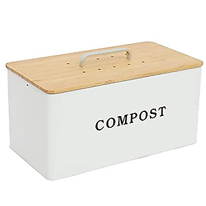 Gdfjiy Compost Bin Kitchen, Indoor Compost Bucket, Rectangle Compost Bin with Wooden Lid, 2 Gallon Capacity for Home Compost Tumbler, Kitchen Waste Garbage Can, Includes 4 Charcoal Filters (White)